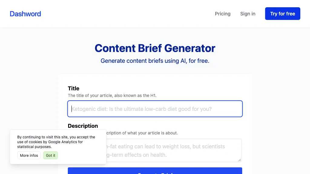 Free AI Content Brief Generator | Dashword - Proaitools
