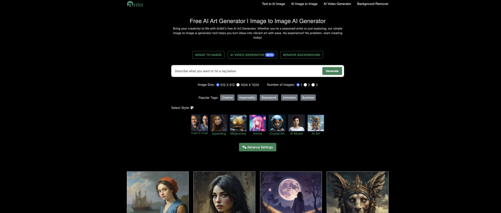 Artbit: Free AI Art Generator - Text to Image, Image to Image, Video & More - Proaitools