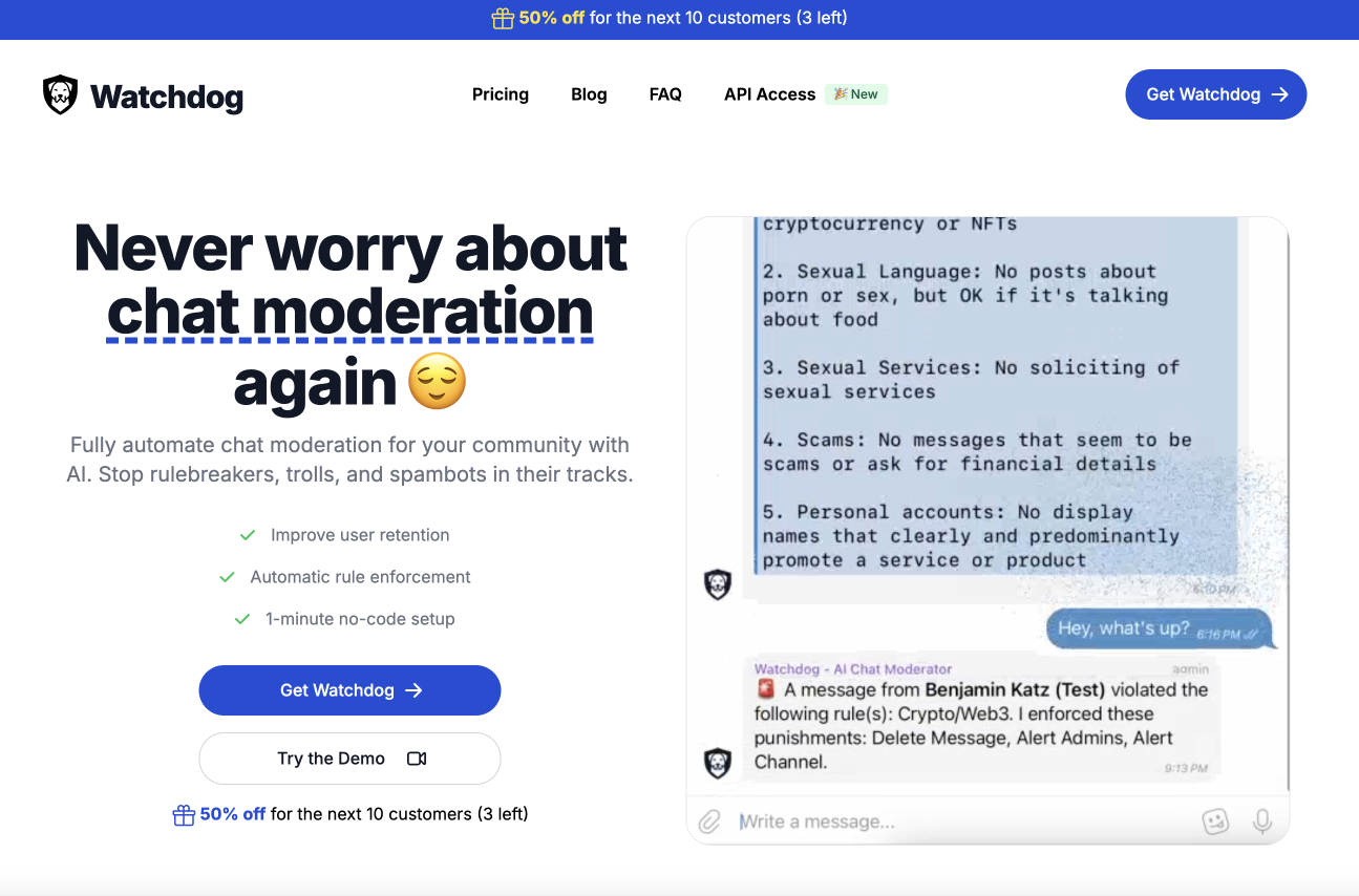 Watchdog.chat: AI Content Moderator for X, Reddit, Discord & Telegram - Proaitools