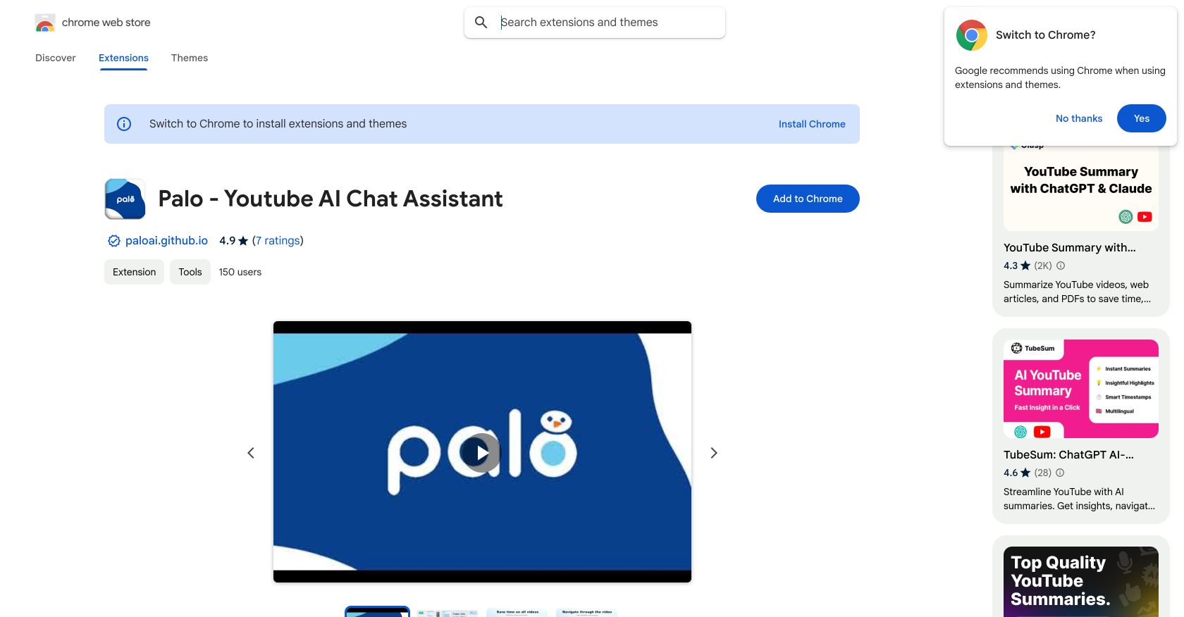 Palo - YouTube AI Chat Assistant | Summarize & Navigate Videos - Proaitools